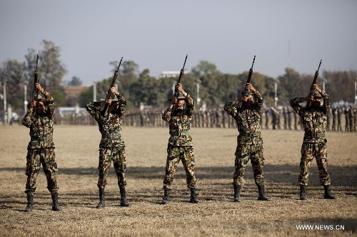 Nepalese soldiers take part in drill of gun for upcoming Army Day ...
