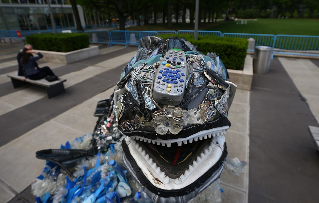 Sculptures of marine organisms made from trash on display at the UN HQ ...
