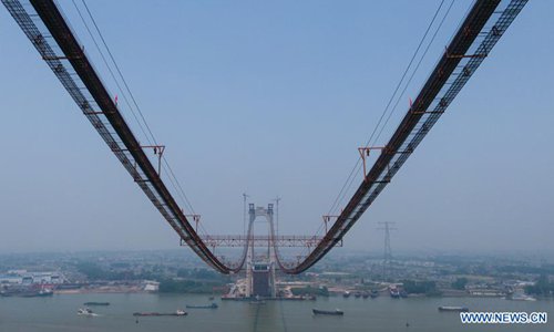Erection of China's first road-rail suspension bridge's main cable ...