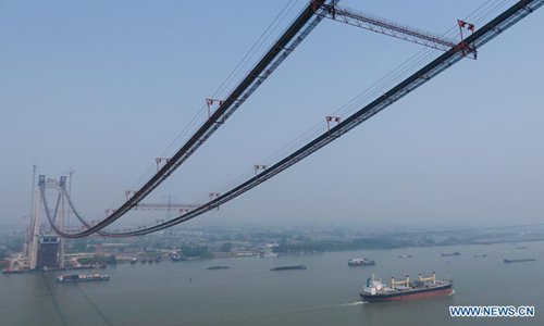 Erection of China's first road-rail suspension bridge's main cable ...
