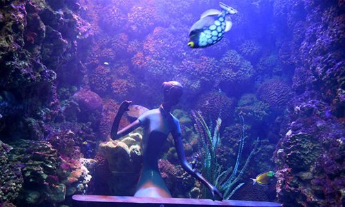 Statues installed underwater in aquariums at ocean park in Qingdao ...