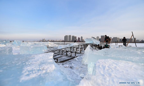 Ice cubes collected from frozen Songhua River to be used in city ...