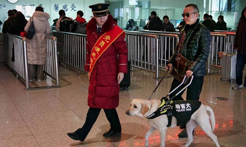 Visually impaired passenger and his guide dog - Global Times