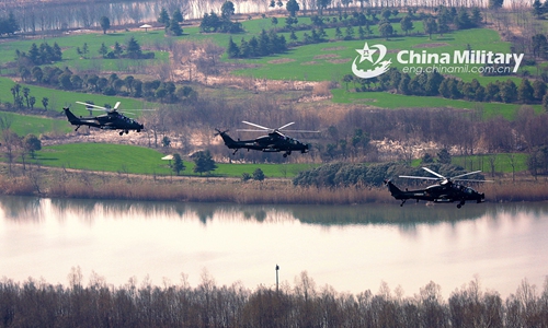 Attack helicopters fly at ultra-low altitude - Global Times