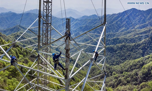 Electricians work at construction site of ultra-high voltage direct ...