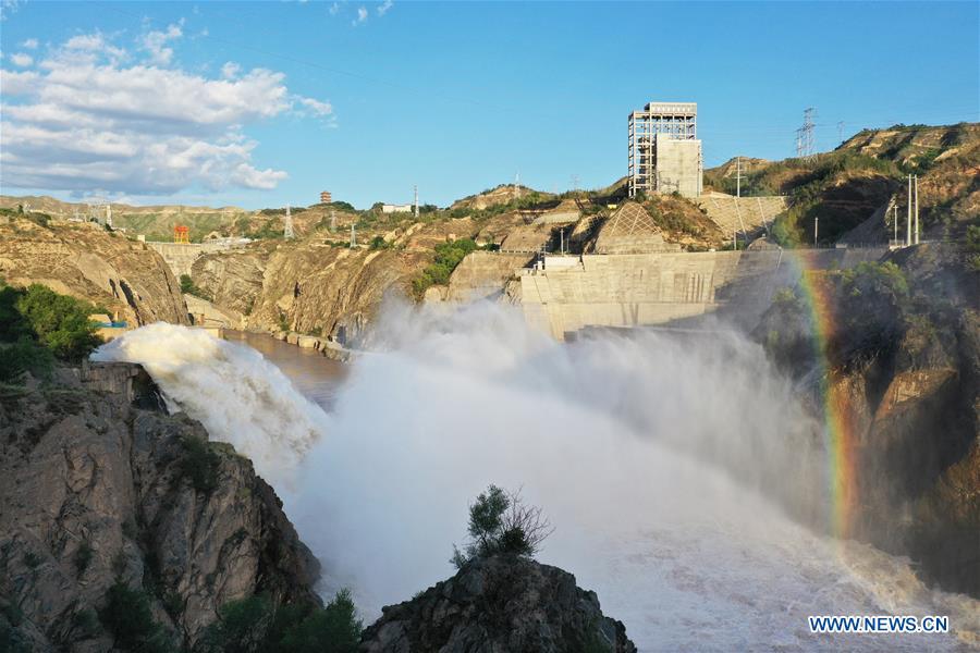 Water gushes out from sluiceway of Liujiaxia Reservoir on Yellow River ...