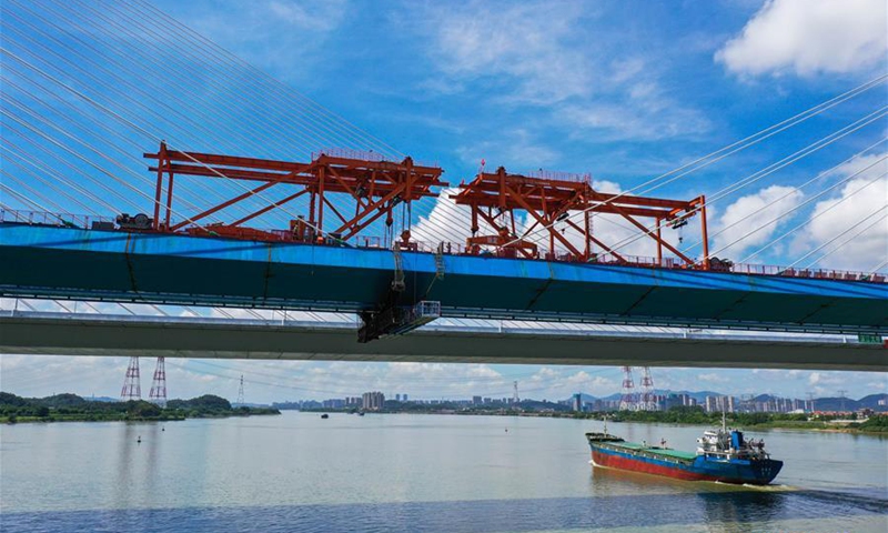 Last steel box girder installed on railway bridge over Xijiang River ...