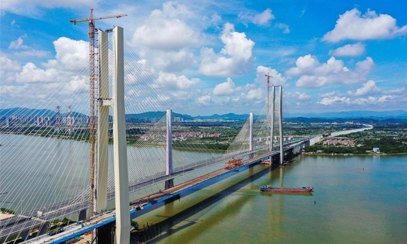 Last steel box girder installed on railway bridge over Xijiang River ...