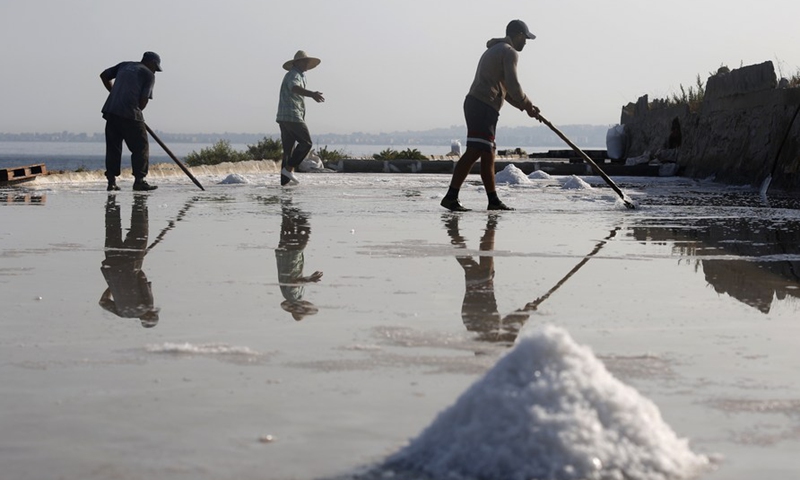 Lebanese workers practice traditional salt production technique ...