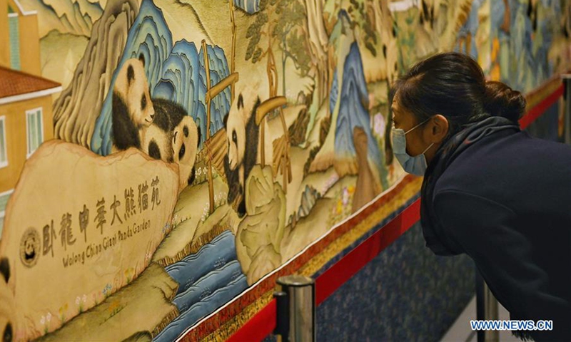 Visitors view panda-themed thangka at Sichuan Provincial Library ...