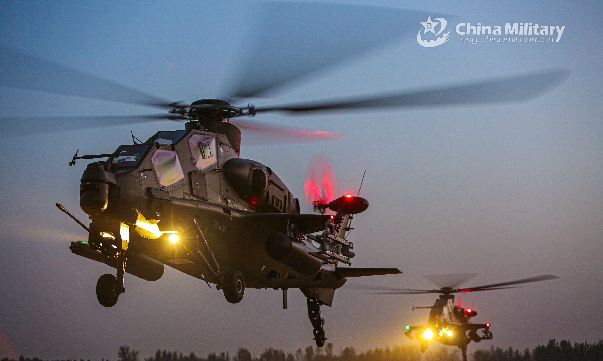 Multi-type attack helicopters hover at low altitude - Global Times