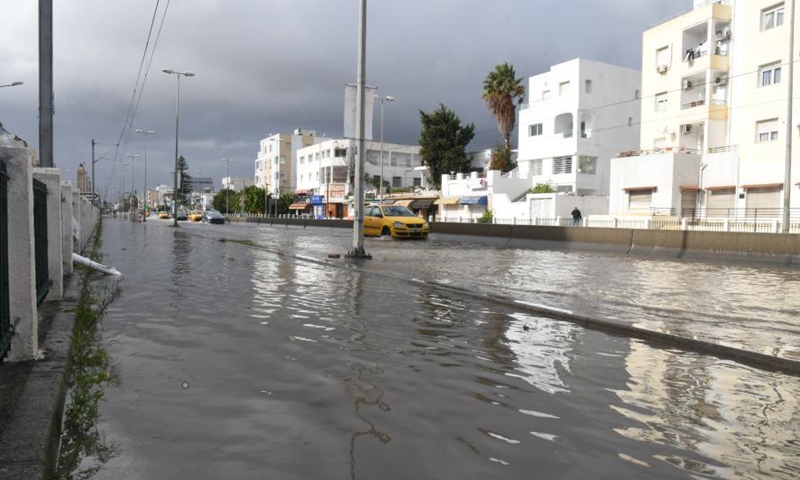 Heavy rainfall causes traffic jams in Tunis - Global Times