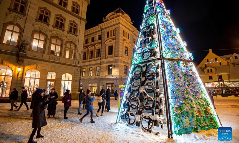 Christmas tree made with waste seen in Riga, Latvia - Global Times