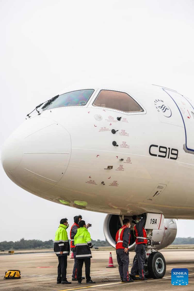 China's C919 jetliner lands at Meilan Int'l Airport in S China as part of validation flight ...