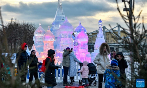 People visit ice sculpture exhibition in Moscow, Russia - Global Times