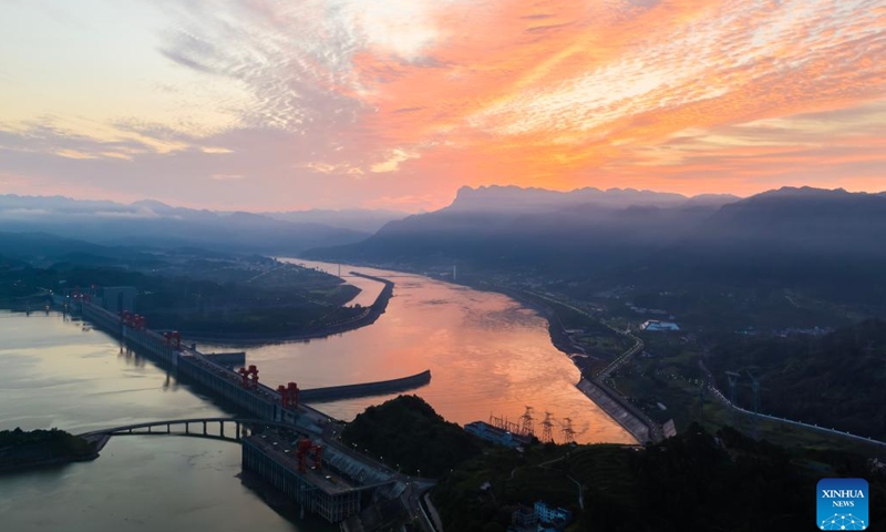 Scenery of sunrise over Three Gorges dam in Zigui County, C China ...