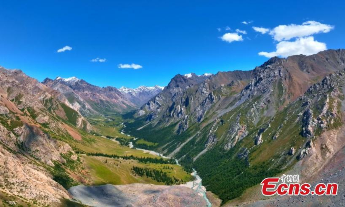 Crystal-clear river meanders through valleys of Tianshan mountains ...