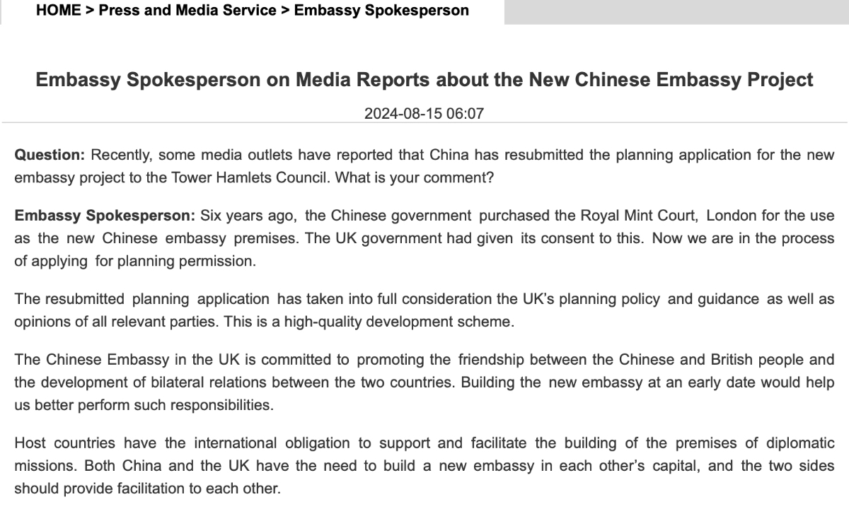Chinese Embassy in UK responds to reports regarding resubmitting planning application for new ...