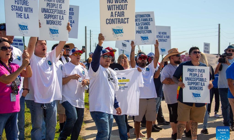 U.S. port workers on massive strike for wages, automation - Global Times