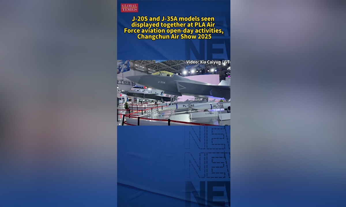 J-20S and J-35A models seen displayed together at PLA Air Force aviation open-day activities ...